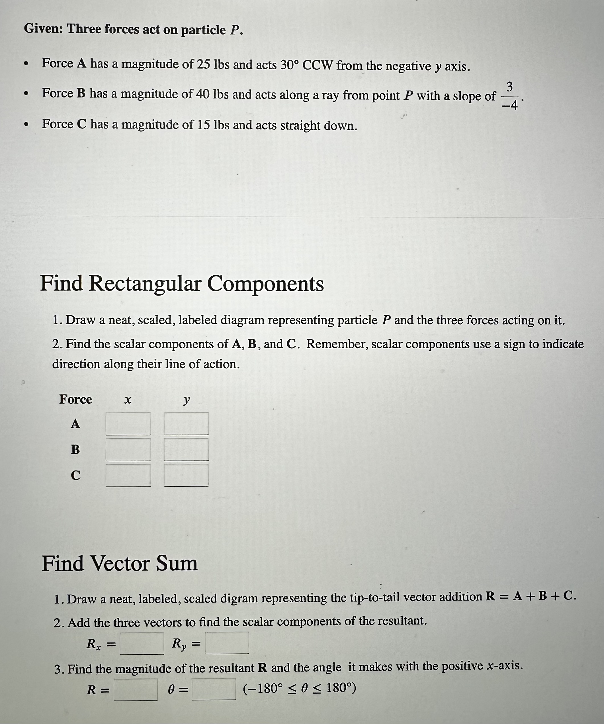 Solved Given: Three forces act on particle P.Force A has a | Chegg.com Solved Given: Three forces act on particle P.Force A has a | Chegg.com