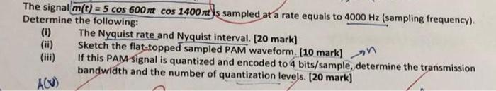 Solved The signal m(t) = 5 cos 600 t cos 1400 is sampled at | Chegg.com