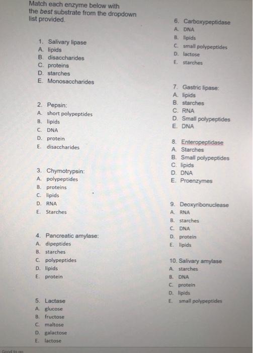 Solved Match each enzyme below with the best substrate from | Chegg.com