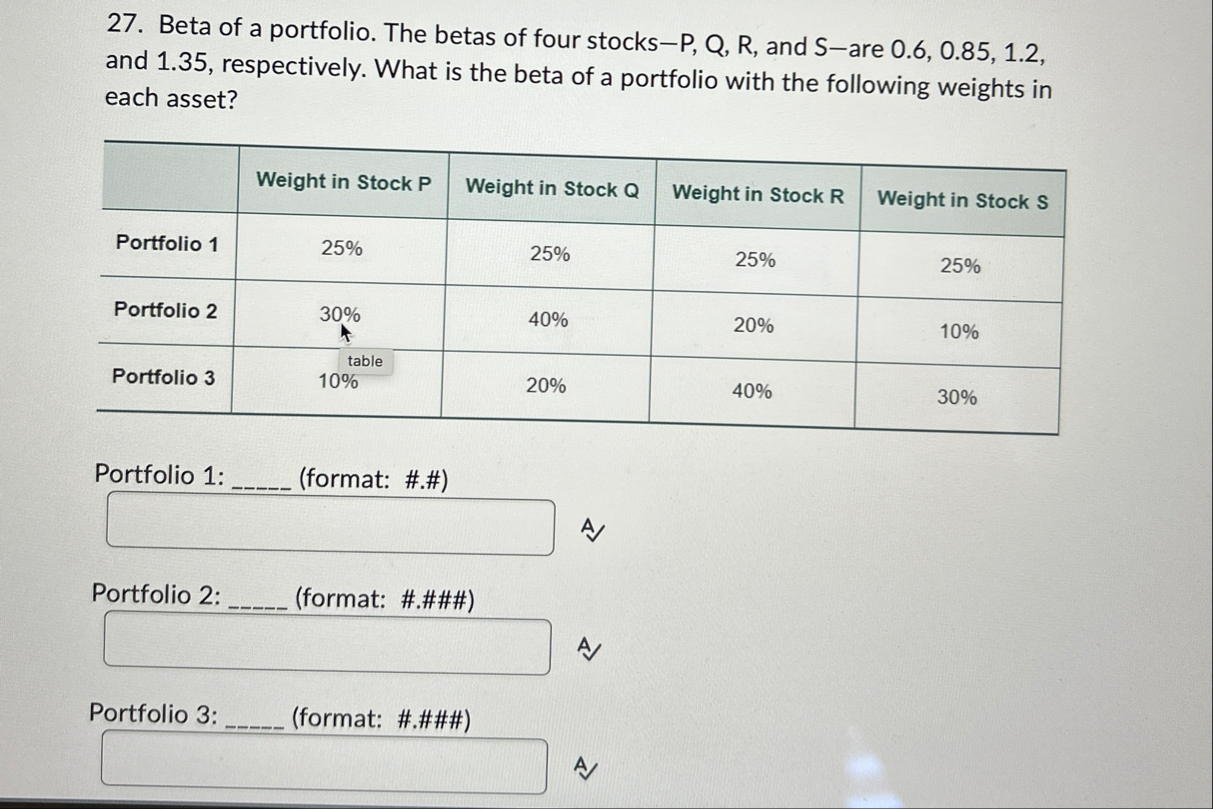 Solved Beta of a portfolio. The betas of four stocks-P, Q,R, | Chegg.com