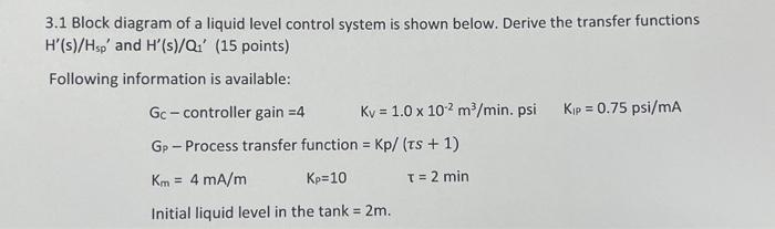 Solved 3.1 Block diagram of a liquid level control system is | Chegg.com