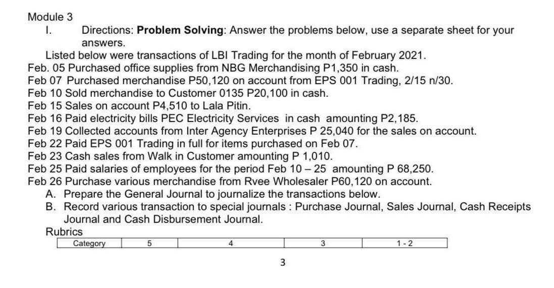 Solved Module 3 I. Directions: Problem Solving: Answer the | Chegg.com