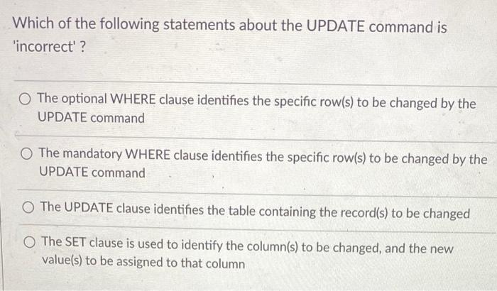 Solved Which of the following statements about the UPDATE | Chegg.com