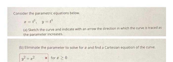 Solved Consider the parametric equations below. x=t2,y=t3 | Chegg.com