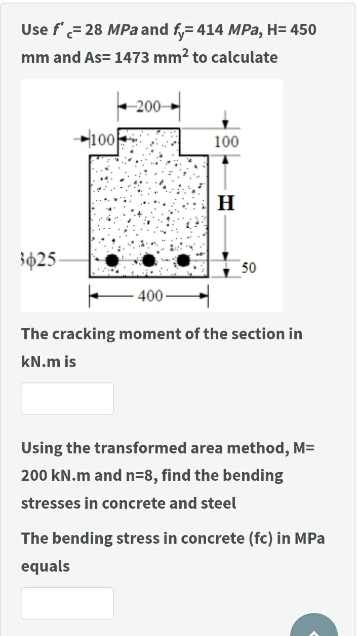 Solved Use f' = 28 MPa and fy= 414 MPa, H= 450 mm and As= | Chegg.com