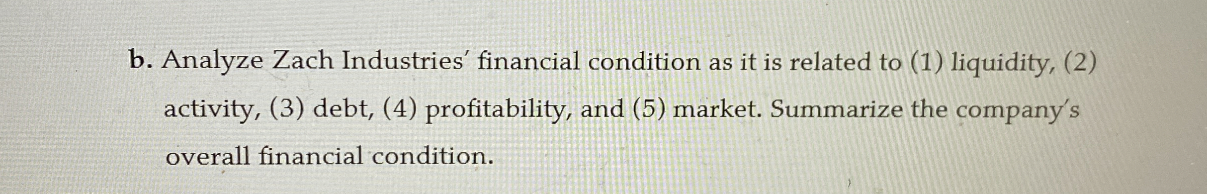 Solved b. ﻿Analyze Zach Industries' financial condition as | Chegg.com