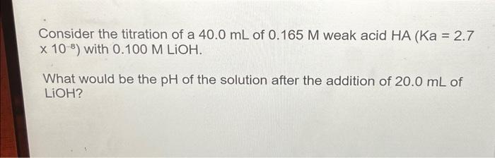 Solved Consider the titration of a 40.0 mL of 0.165M weak | Chegg.com