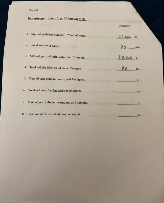 Solved Chem 1A Experiment 4: Identify an Unknown metal | Chegg.com