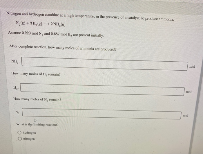 Solved Nitrogen and hydrogen combine at a high temperature, | Chegg.com