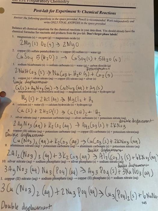 Solved aratory Chemistry Post-lab for Experiment 9: Chemical | Chegg.com