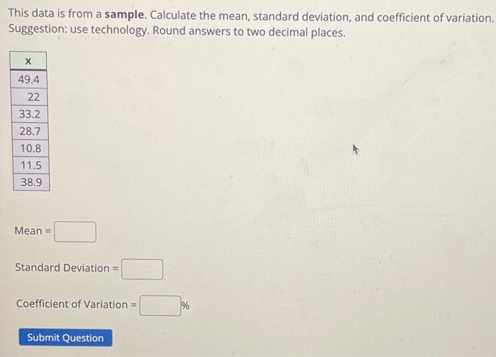 Solved This data is from a sample. Calculate the mean, | Chegg.com