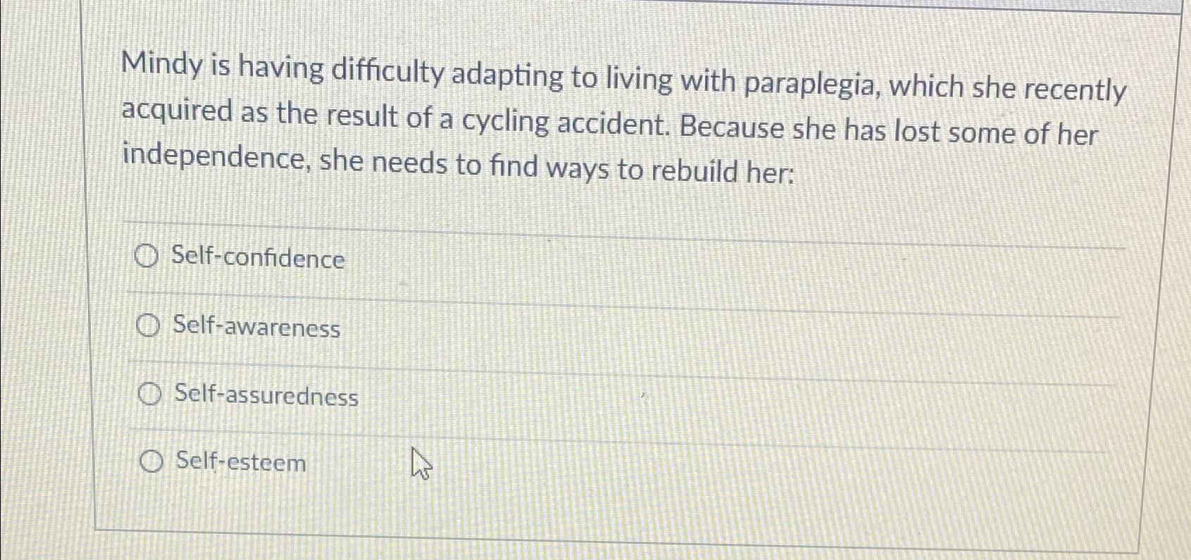 Solved Mindy is having difficulty adapting to living with | Chegg.com