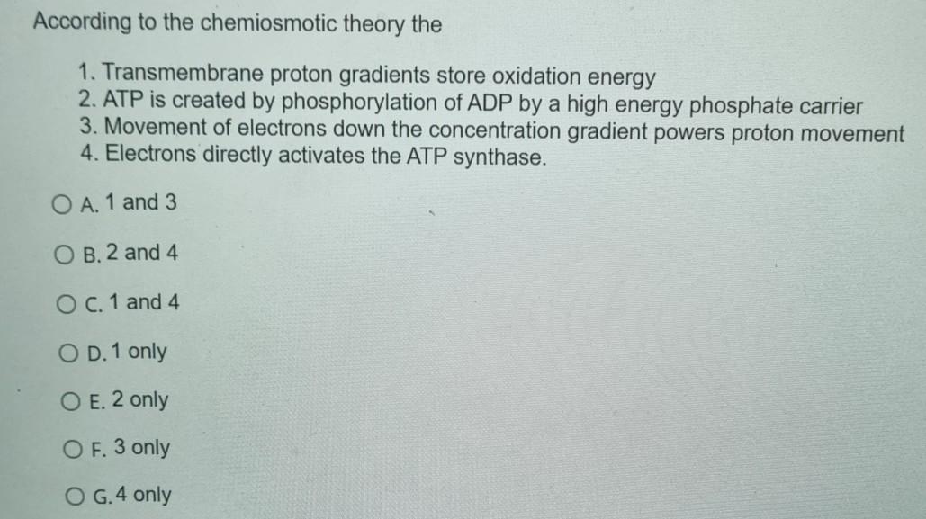 Solved According to the chemiosmotic theory the 1. | Chegg.com