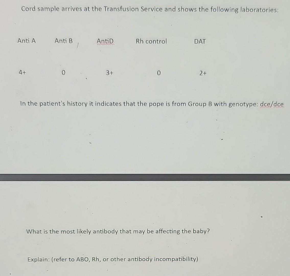 Solved Cord sample arrives at the Transfusion Service and | Chegg.com