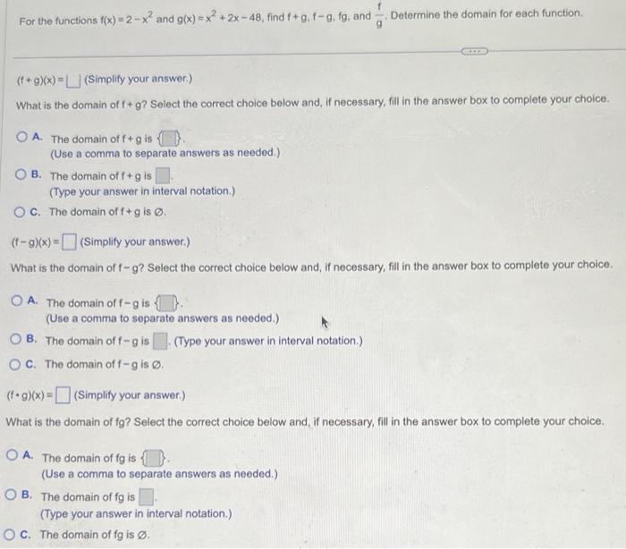 Solved For the functions f(x)=2−x2 and g(x)=x2+2x−48, find | Chegg.com Solved For the functions f(x)=2−x2 and g(x)=x2+2x−48, find | Chegg.com