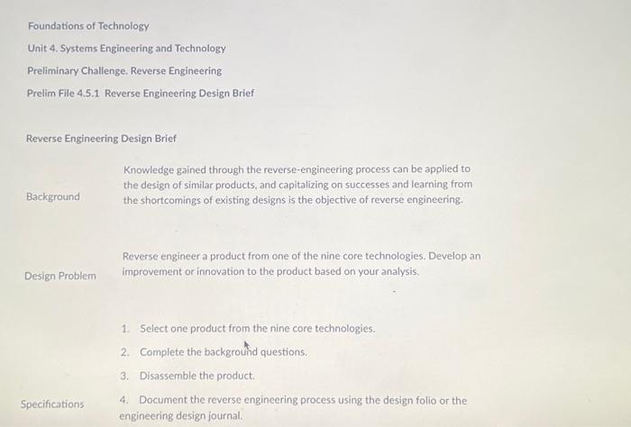 Solved Foundations of Technology Unit 4. Systems Engineering | Chegg.com