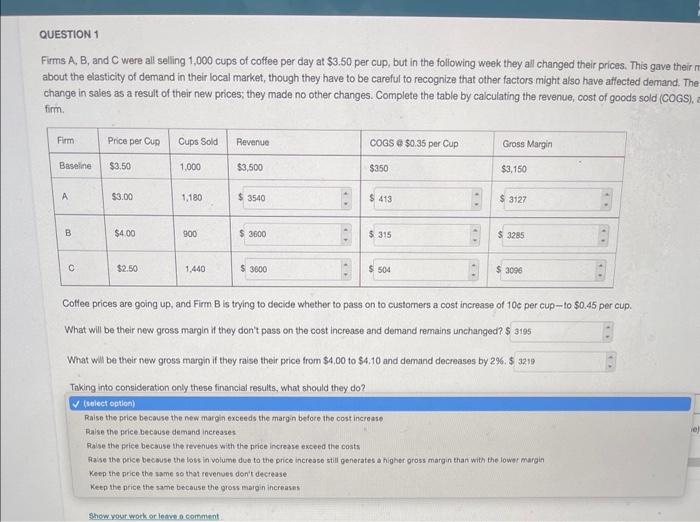 Solved Firms A, B, and C were all selling 1,000 cups of | Chegg.com