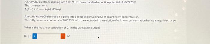 Solved An Ag/AgCl electrode dipping into 1.00MHCl has a | Chegg.com