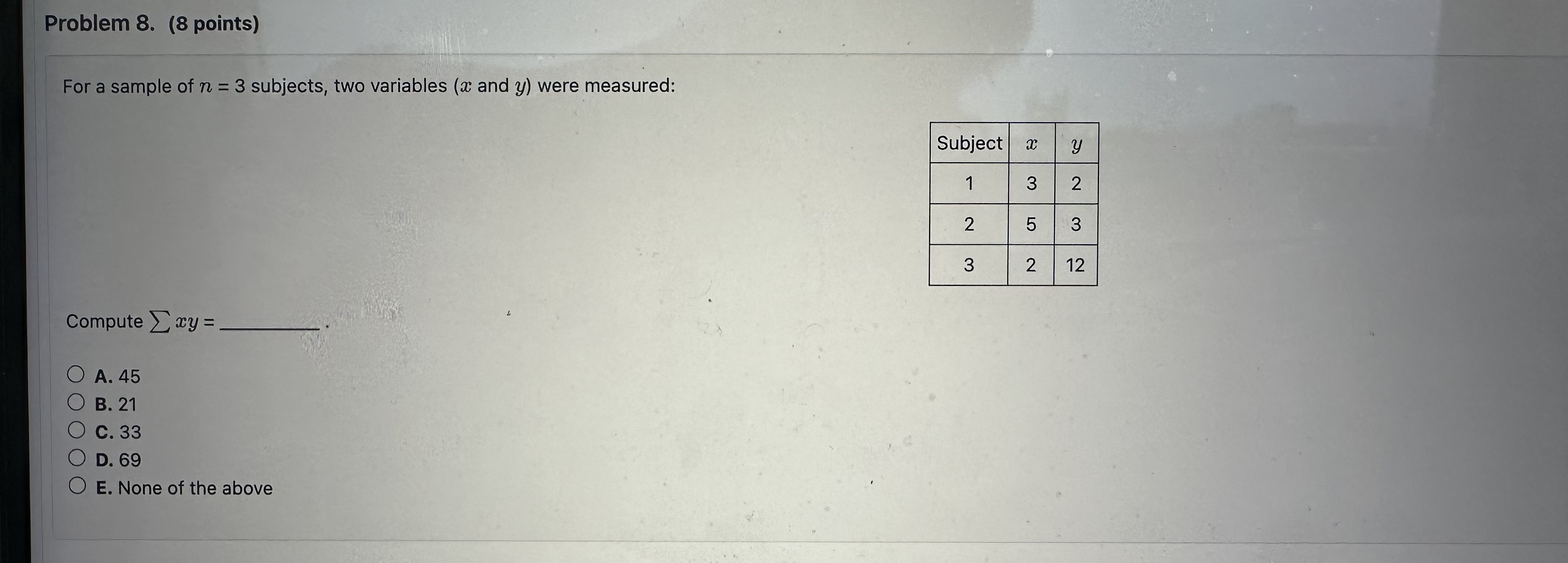 Solved Problem 8. (8 ﻿points)For a sample of n=3 ﻿subjects, | Chegg.com