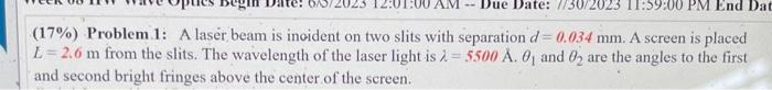 Solved (17\%) Problem 1: A laser beam is inoident on two | Chegg.com
