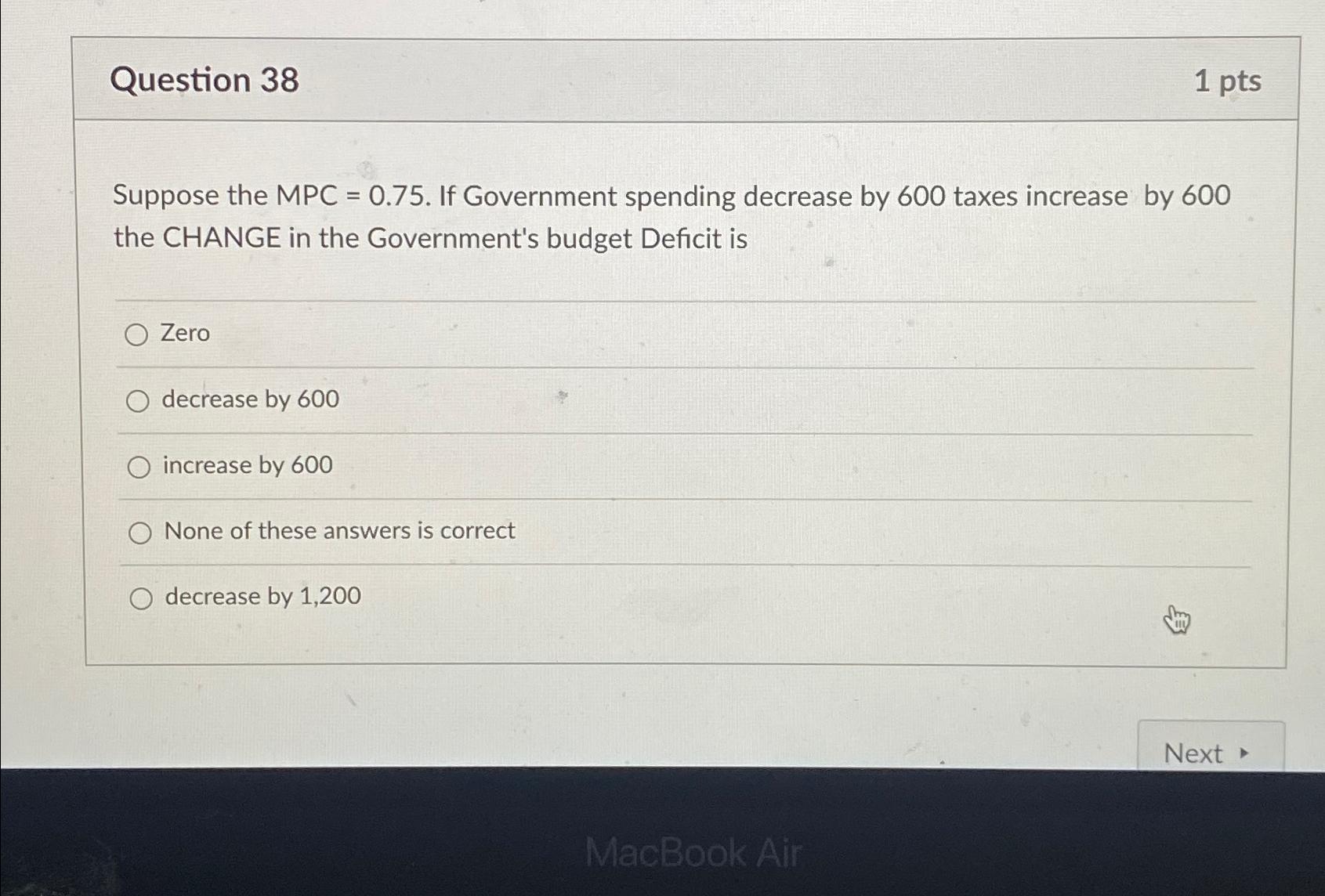 Solved Question 381 ﻿ptsSuppose the MPC =0.75. ﻿If | Chegg.com