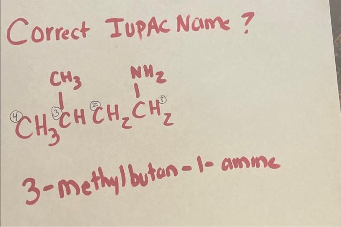 Solved Correct IUPAC Name? 3-methyl butan - 1- amme | Chegg.com