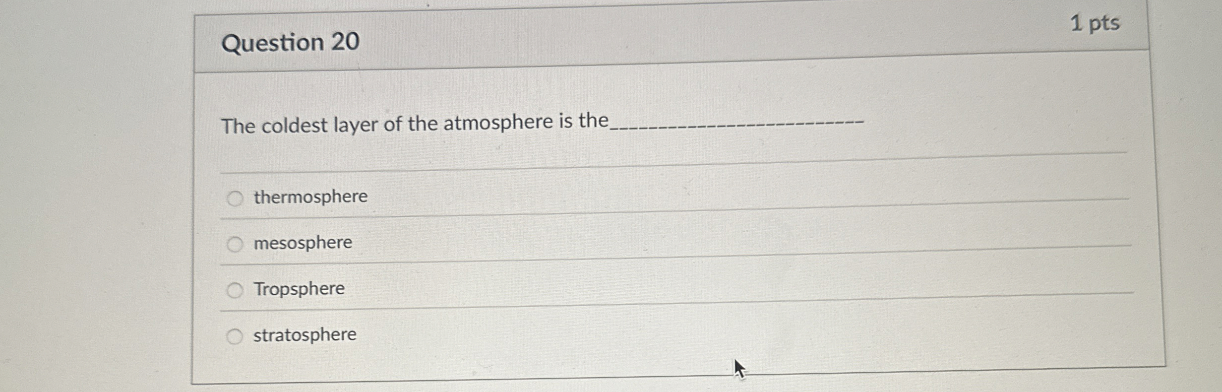 Solved Question 201 ptsThe coldest layer of the atmosphere | Chegg.com Solved Question 201 ptsThe coldest layer of the atmosphere | Chegg.com