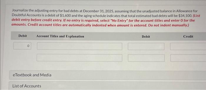 Solved Journalize the adjusting entry for bad debts at | Chegg.com