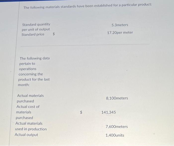 Solved The following materials standards have been | Chegg.com