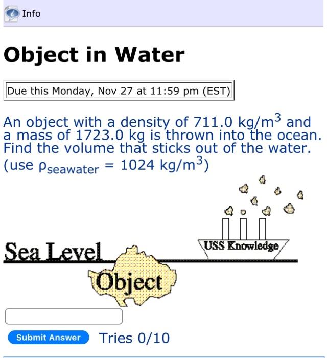 Solved Info Object in Water An object with a density of | Chegg.com