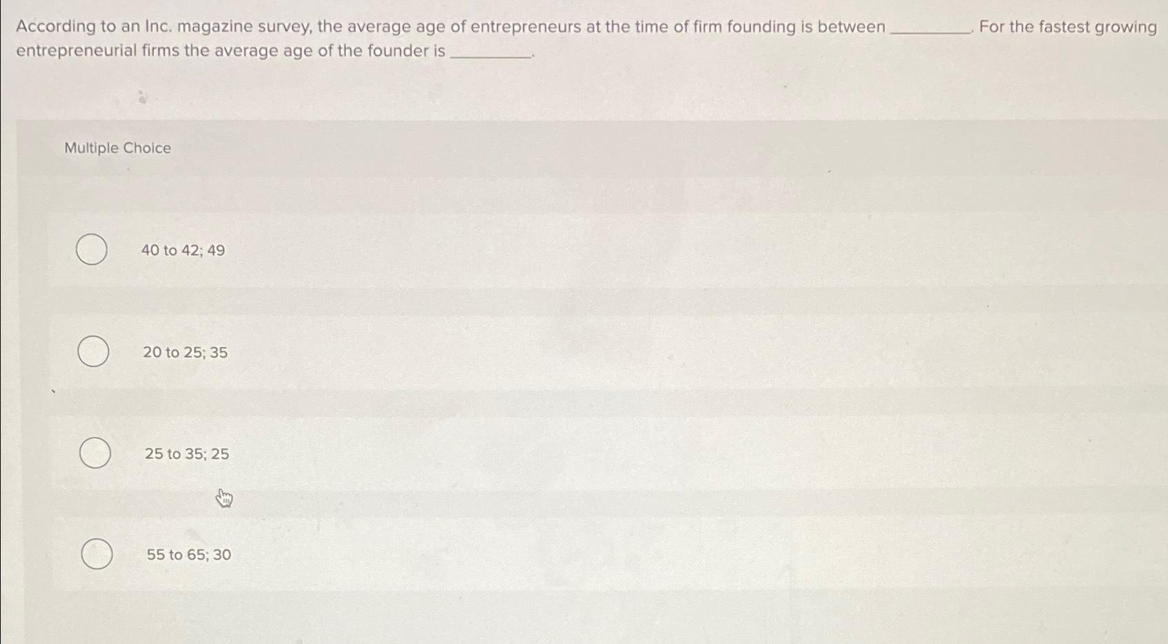 Solved According to an Inc. magazine survey, the average age | Chegg.com