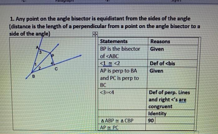 Solved C 1. Any point on the angle bisector is equidistant | Chegg.com