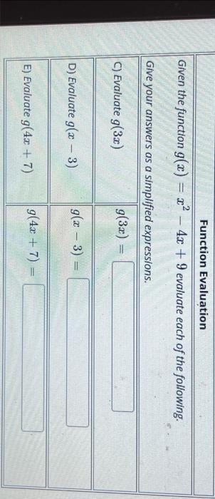 Solved Function Evaluation Given the function g(x)=x2−4x+9 | Chegg.com