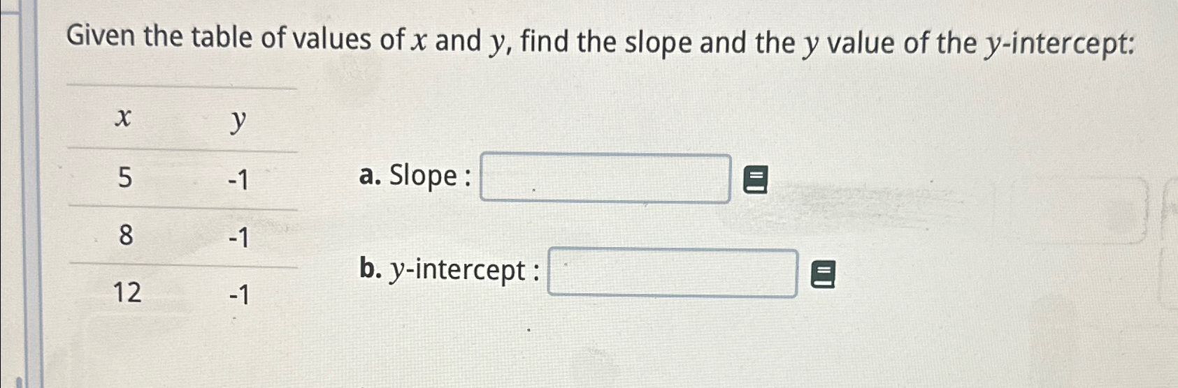 Solved Given the table of values of x ﻿and y, ﻿find the | Chegg.com