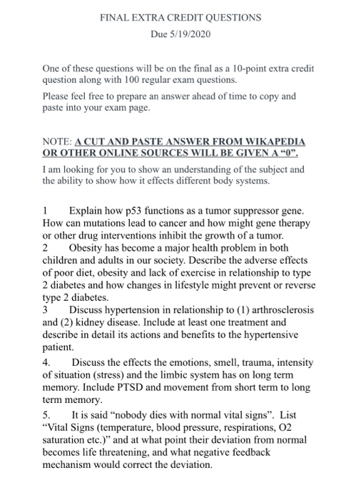 FINAL EXTRA CREDIT QUESTIONS Due 5/19/2020 One of | Chegg.com