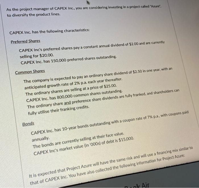 Solved As the project manager of CAPEX Inc., you are | Chegg.com