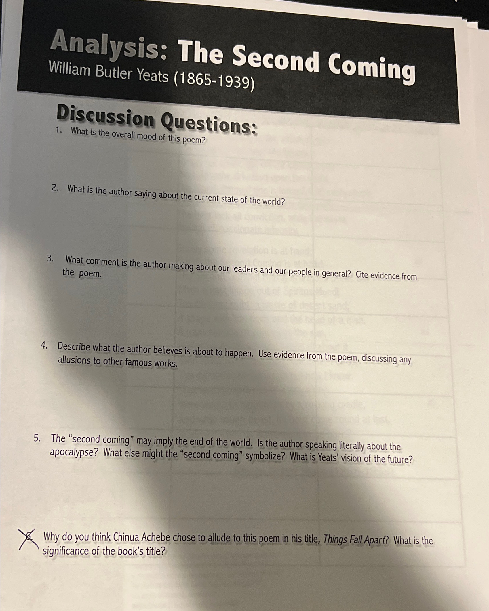 Solved Analysis: The Second Coming William Butler Yeats | Chegg.com