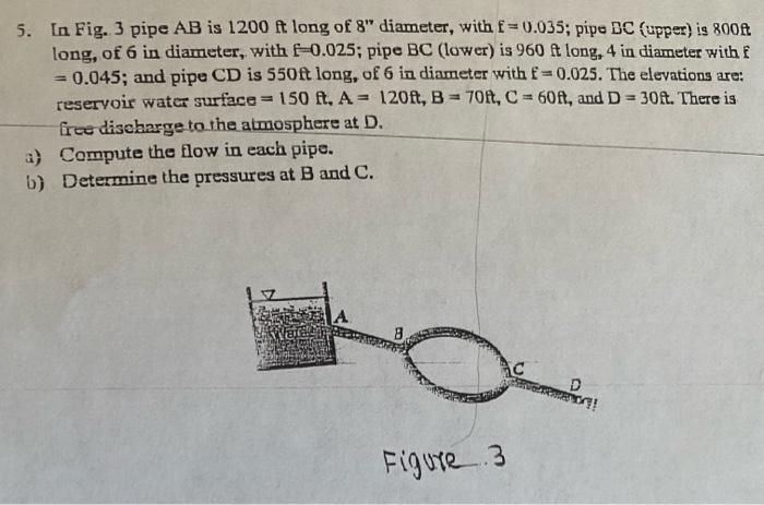 Solved 5. In Fig. 3 pipe AB is 1200ft long of 8 " diameter, | Chegg.com