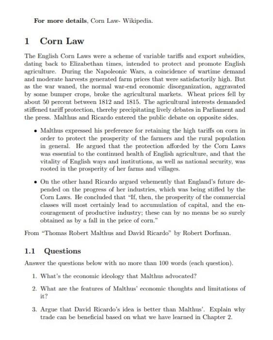 Solved For more details, Corn Law- Wikipedia. 1 Corn Law The | Chegg.com