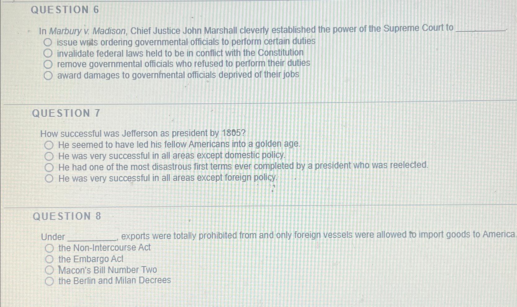 Solved QUESTION 6In Marbury v. ﻿Madison, Chief Justice John | Chegg.com