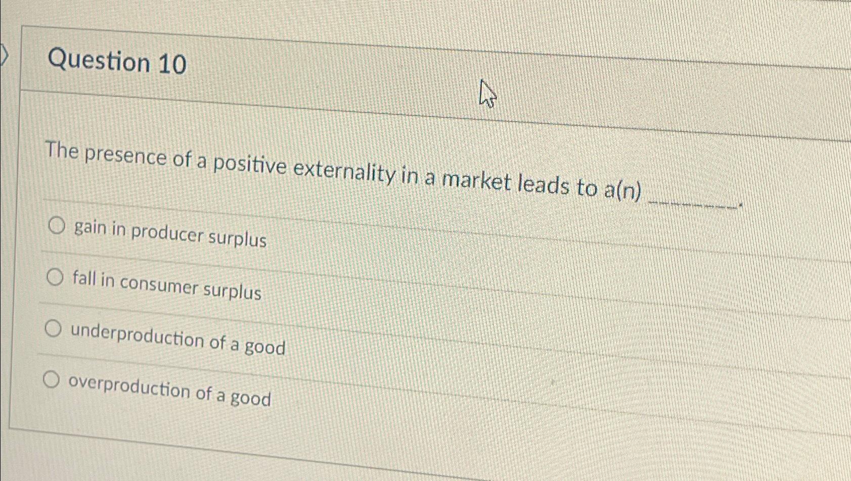 Solved Question 10The presence of a positive externality in | Chegg.com