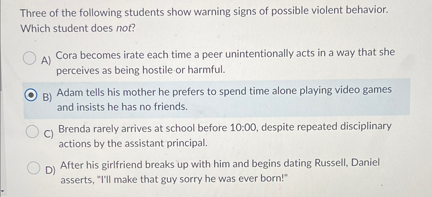 Solved Three of the following students show warning signs of | Chegg.com
