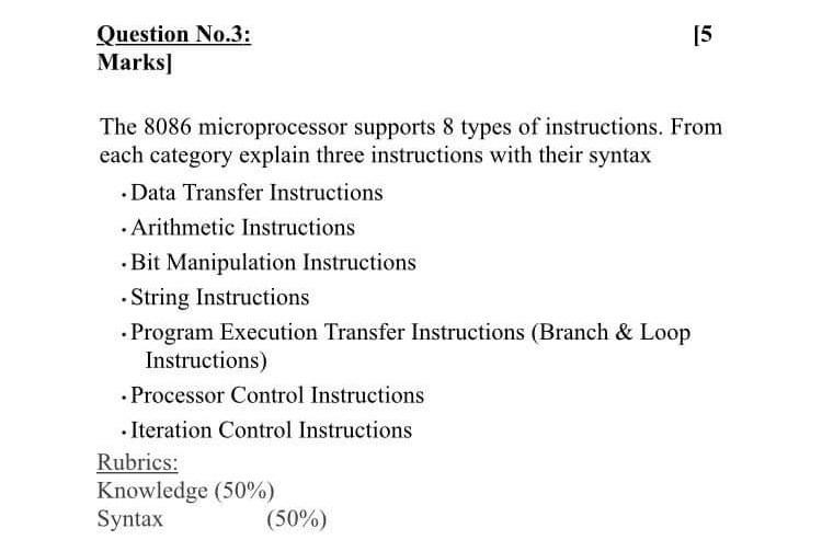 Solved [5 Question No.3: Marks) The 8086 microprocessor | Chegg.com