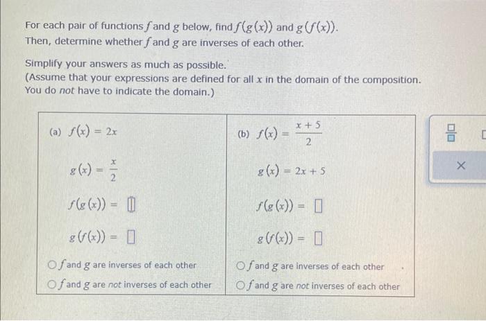 Solved For each pair of functions f and g below, find | Chegg.com