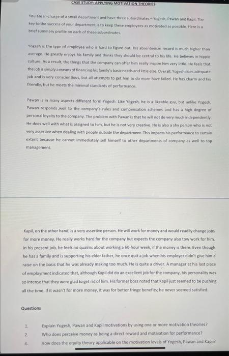 Solved Vou are in-charge of a small defartment and hwe thee | Chegg.com