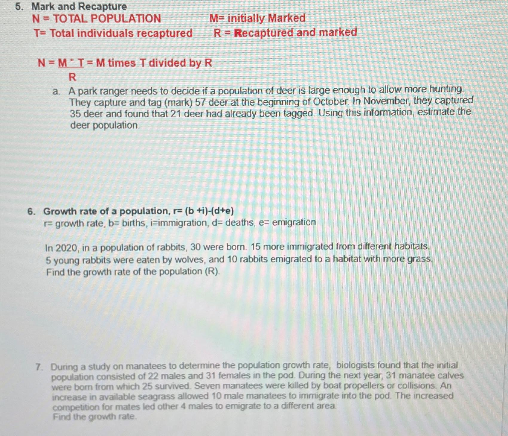 Solved Mark and RecaptureN= ﻿TOTAL POPULATIONM= ﻿initially | Chegg.com