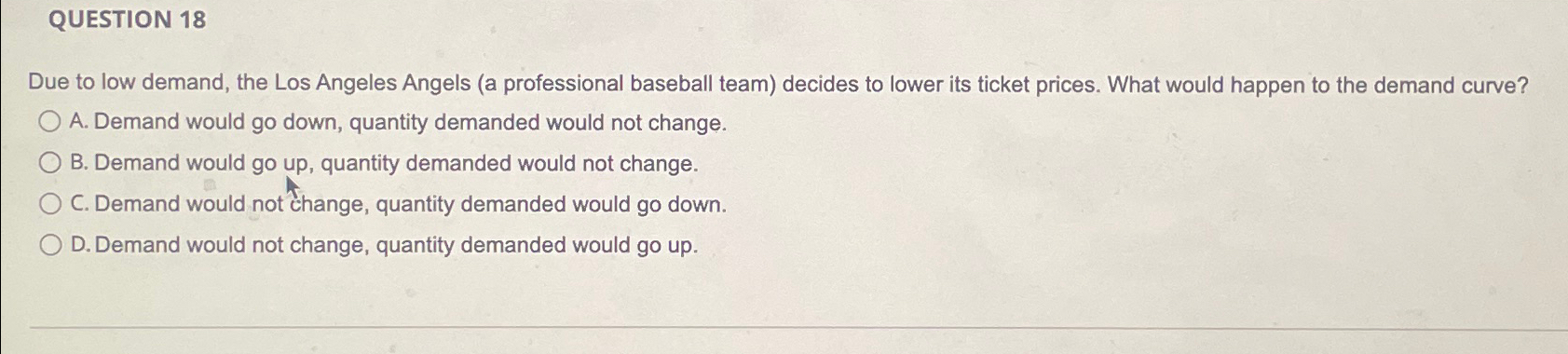 Solved QUESTION 18Due to low demand, the Los Angeles Angels | Chegg.com