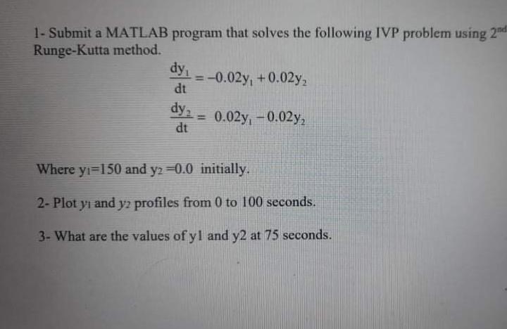 Solved 1- Submit a MATLAB program that solves the following | Chegg.com