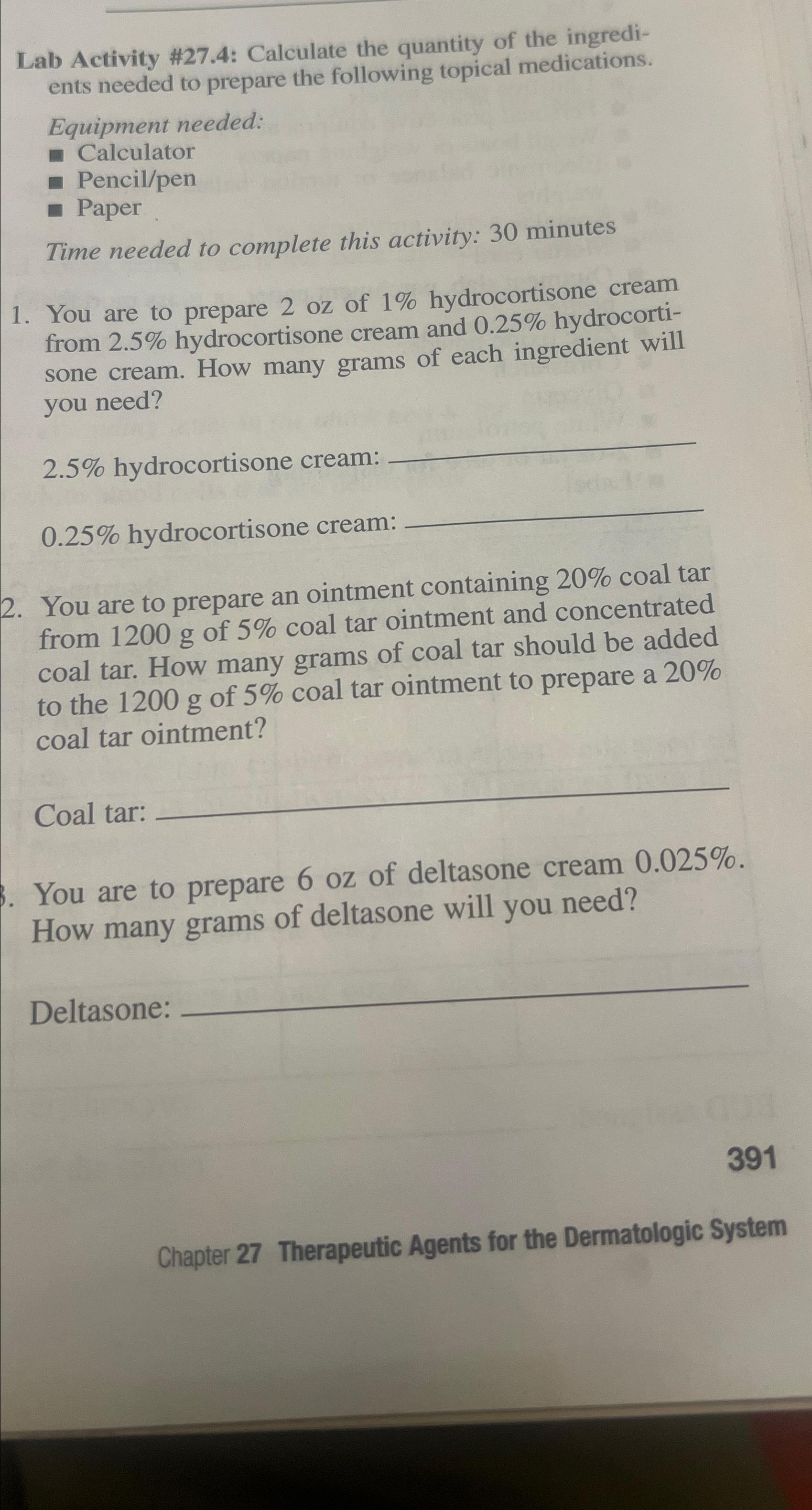 Solved Lab Activity #27.4: Calculate the quantity of the | Chegg.com