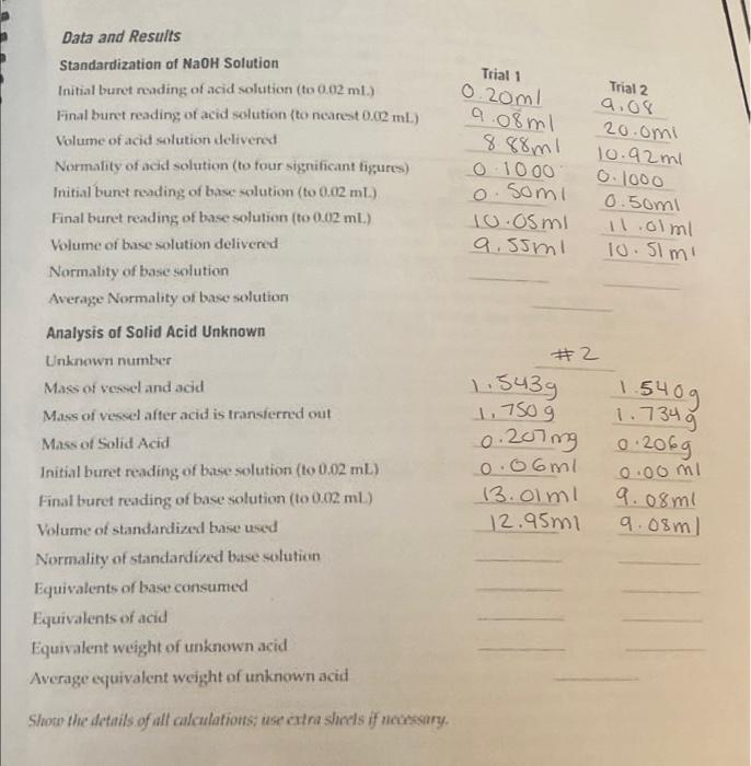 Solved Data and Resuits Standardization of NaOH Solution | Chegg.com